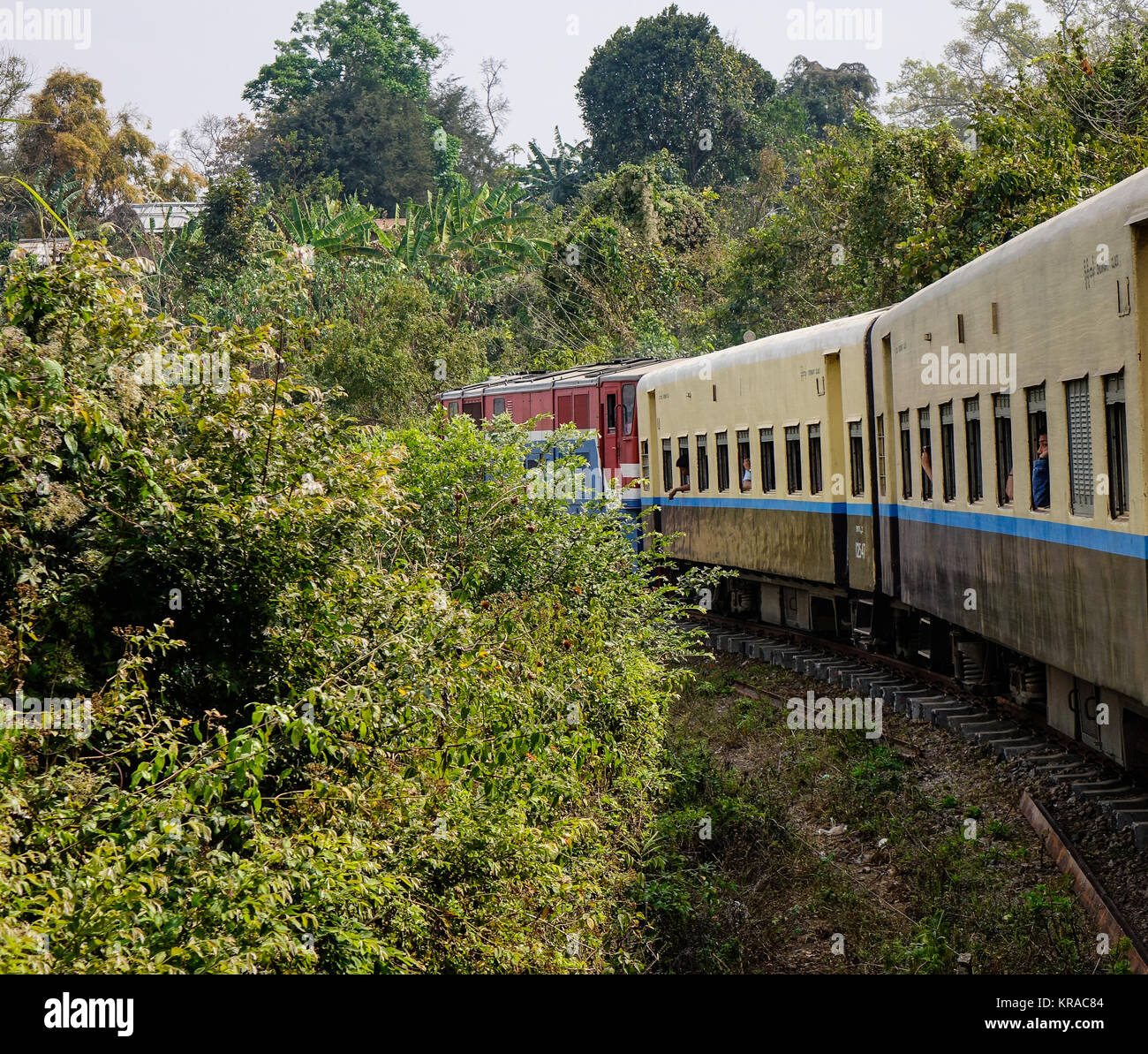 Shan, Myanmar - Feb 23, 2016. A local train on rail track in Shan State ...