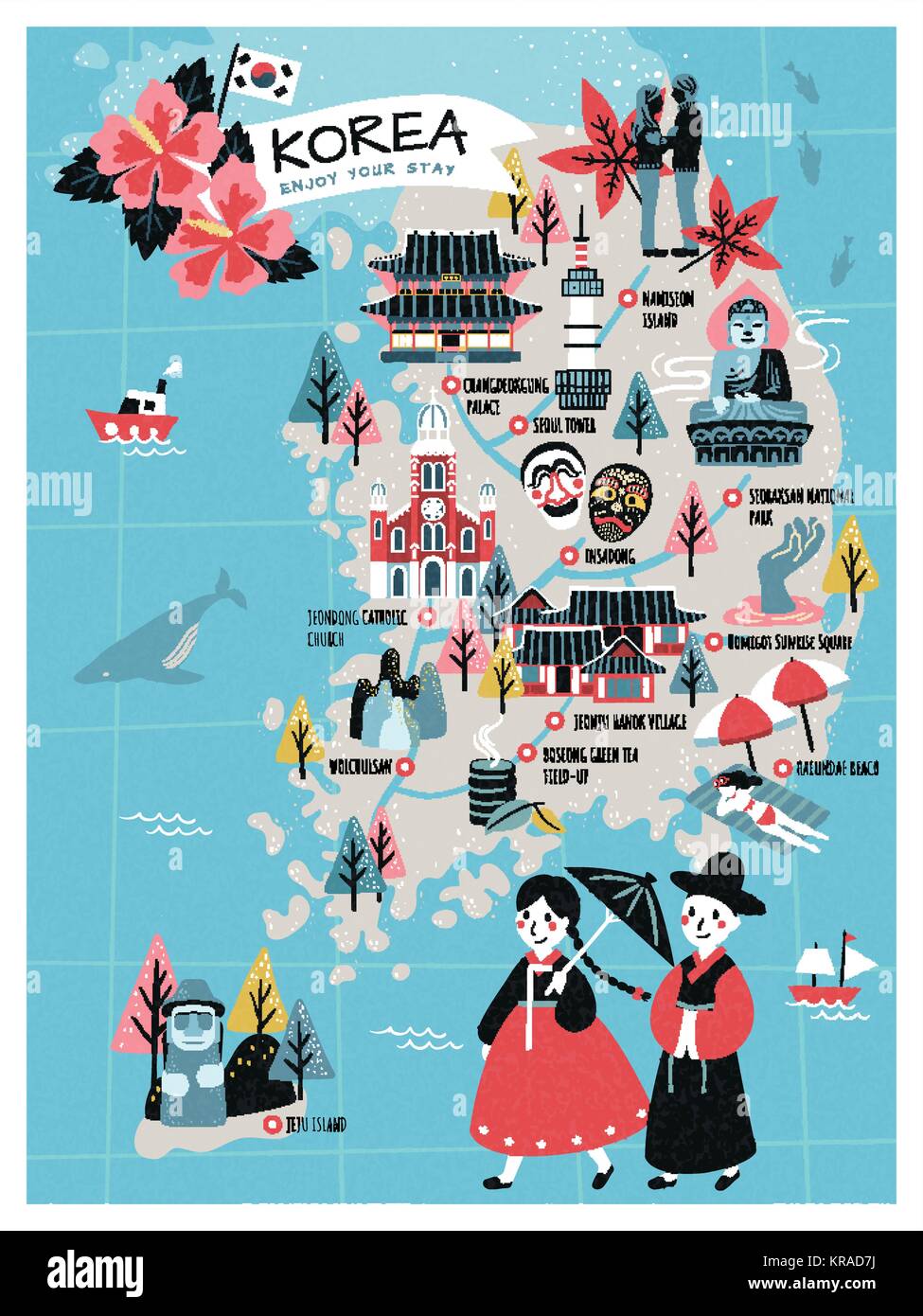 Korea travel map, lovely flat style korea attractions and specialties ...