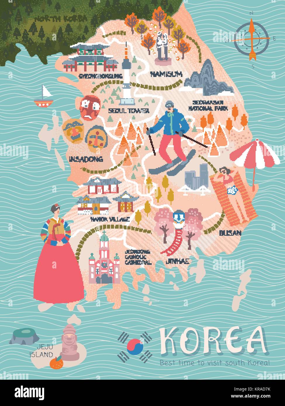 Korea travel map, lovely flat style korea attractions and specialties ...