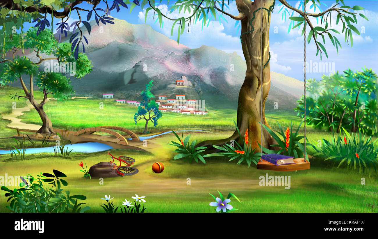 Fairy Tale Background with Swings and Small Bridge Over the River Stock ...