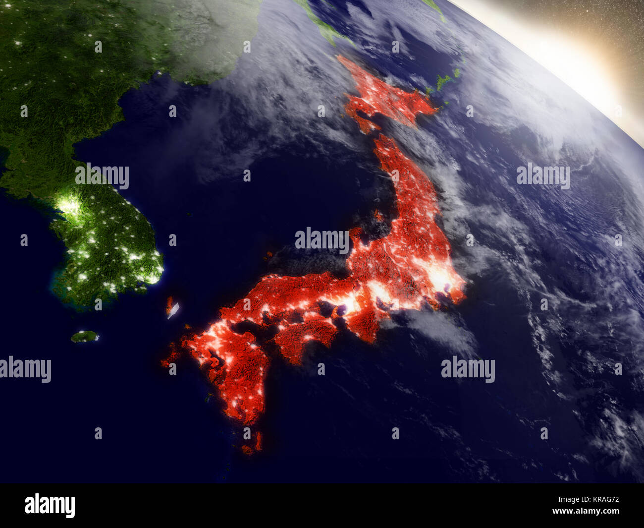 Japan from space highlighted in red Stock Photo - Alamy