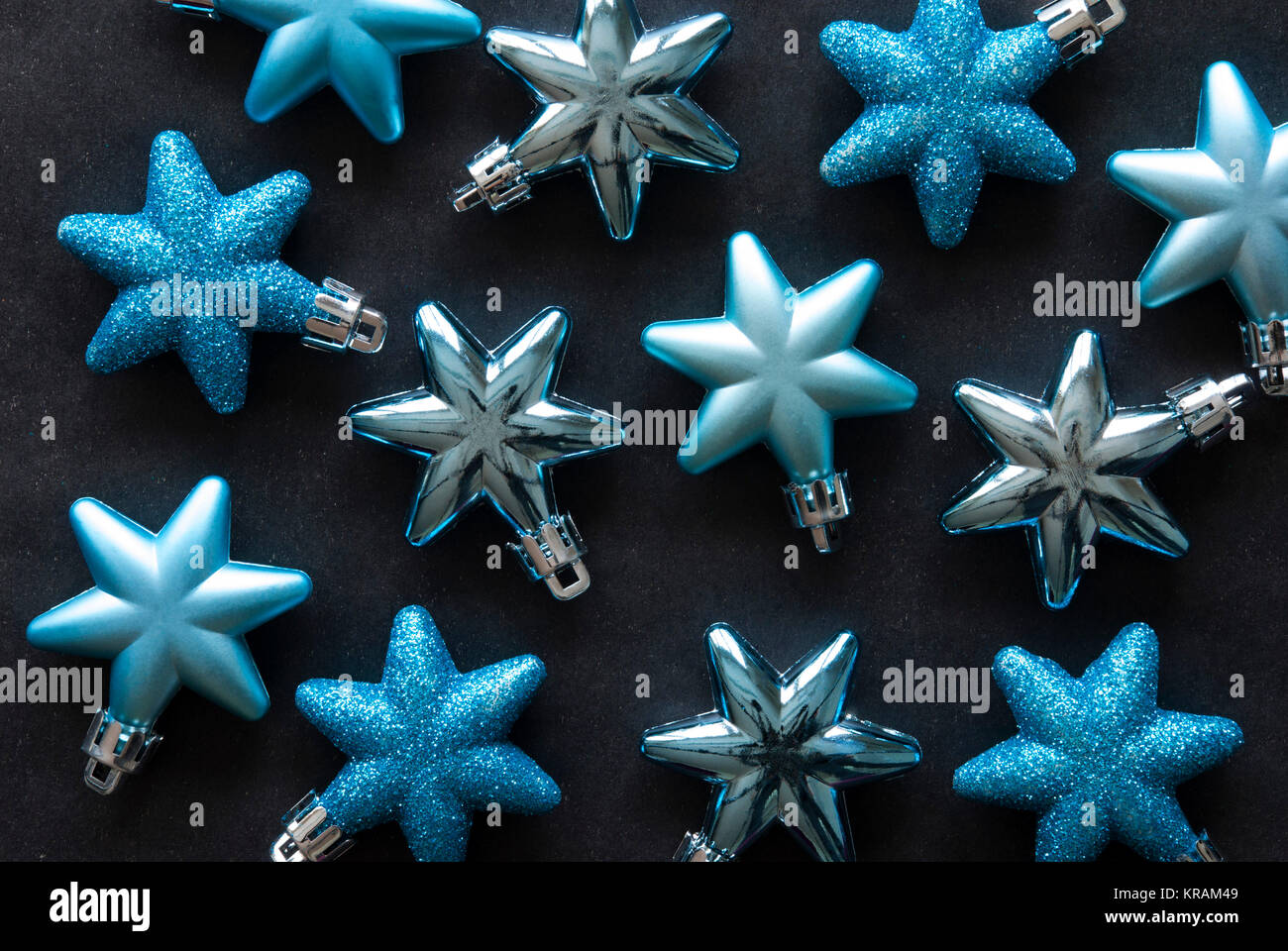 Blue Or Turquoise Christmas Tree Balls On Black Paper Background. Flat ...