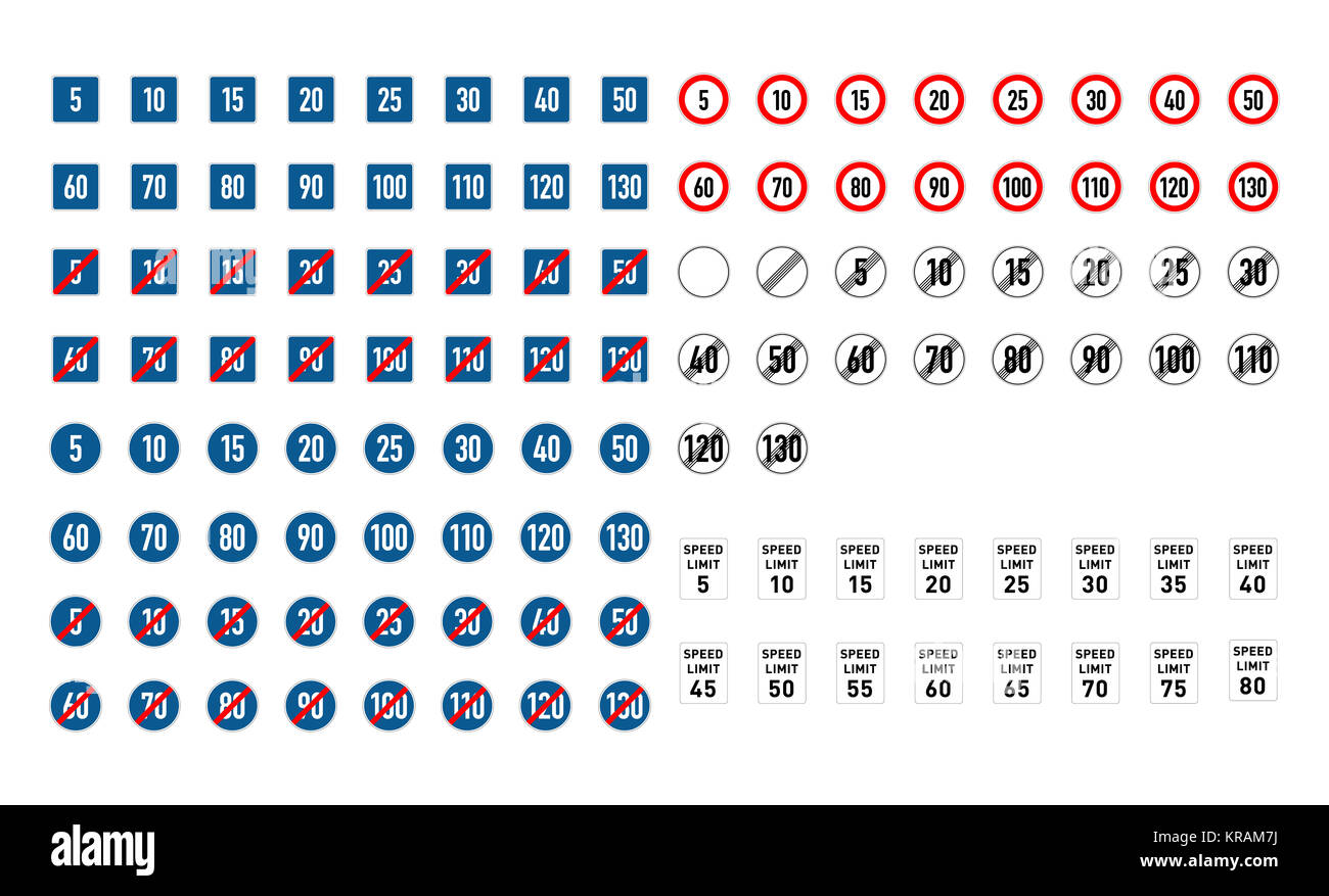 Big set of speed limit different road signs on white Stock Photo - Alamy