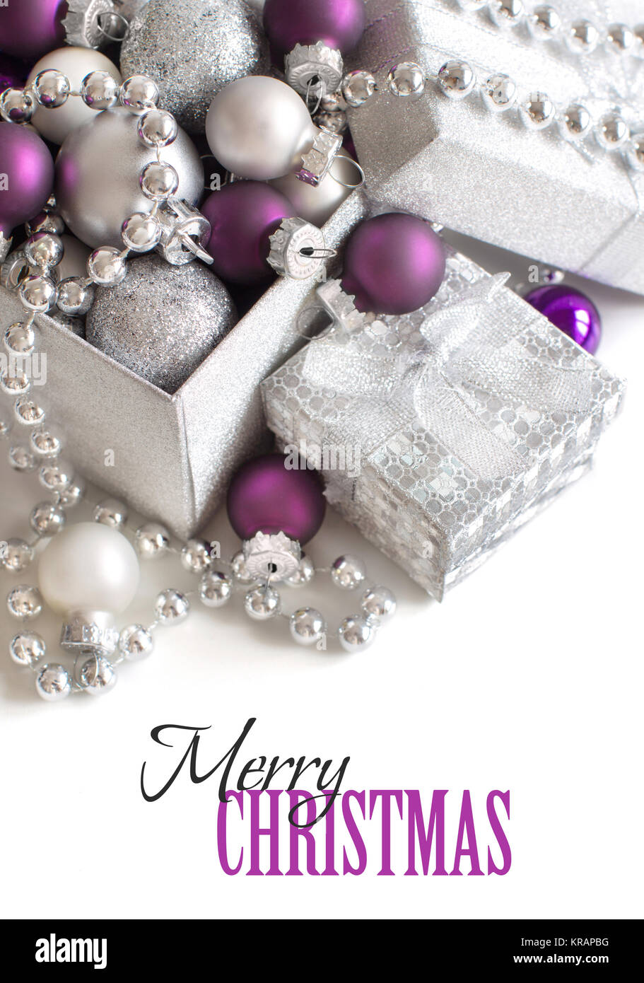 Silver and purple Christmas ornaments border Stock Photo - Alamy
