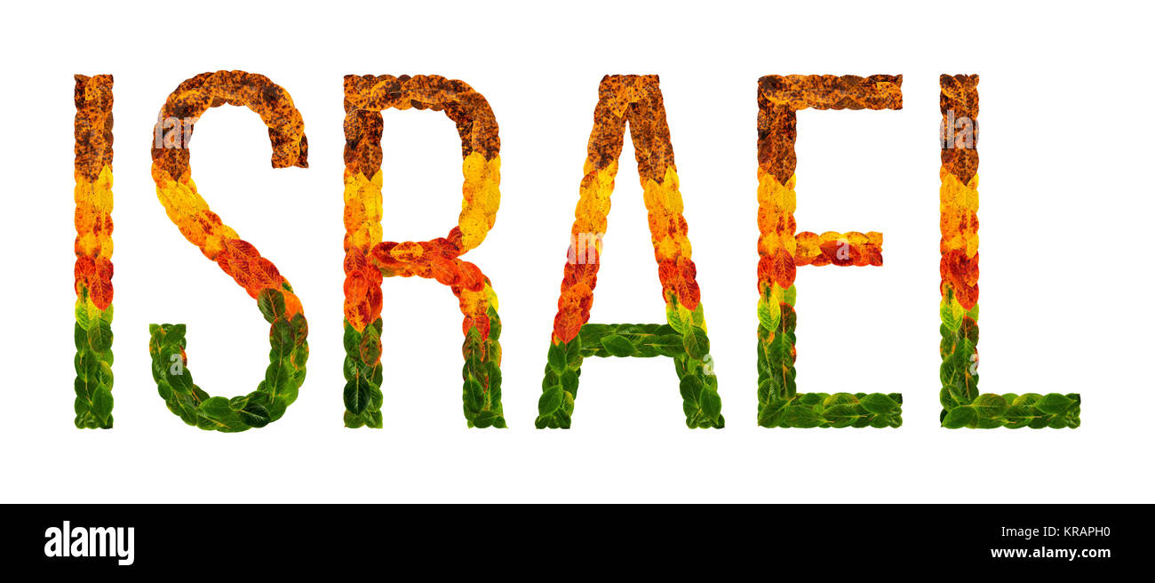 word Israel country is written with leaves on a white insulated ...