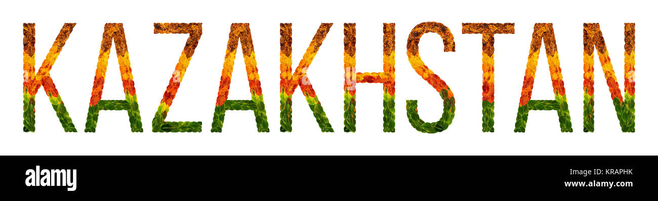 word kazakhstan country is written with leaves on a white insulated ...