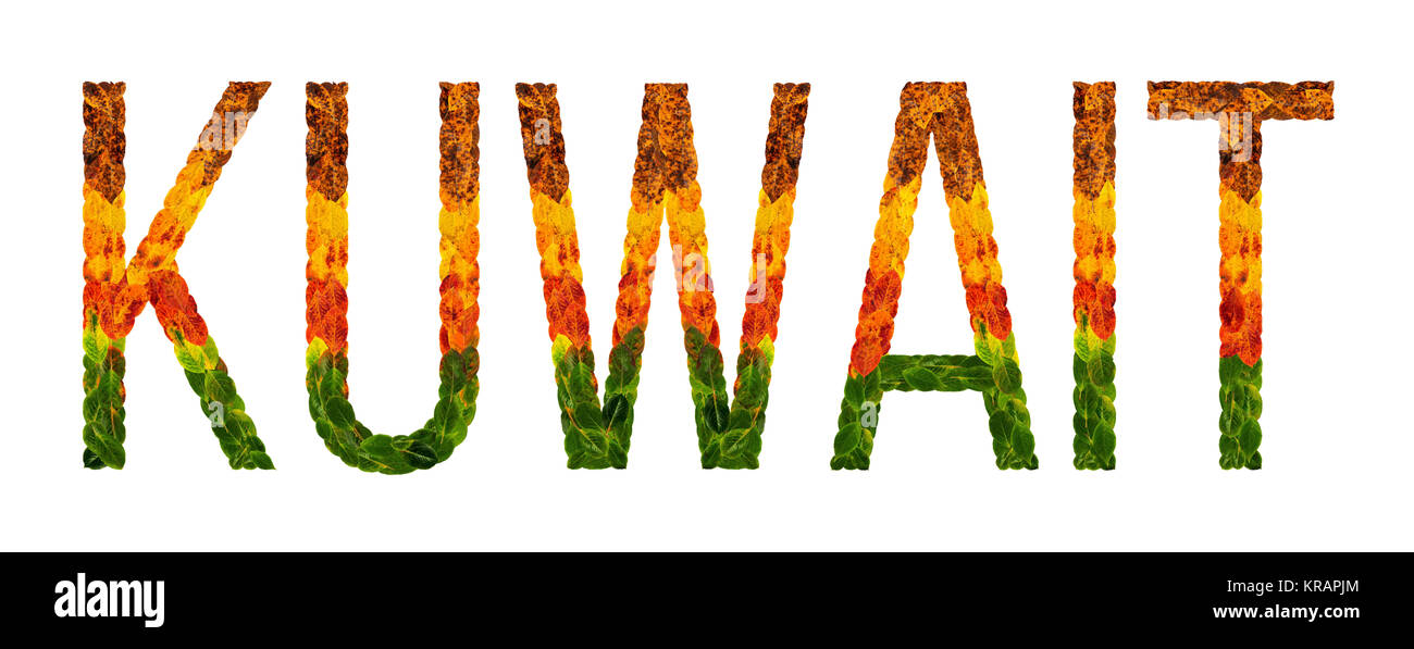word kuwait country is written with leaves on a white insulated ...