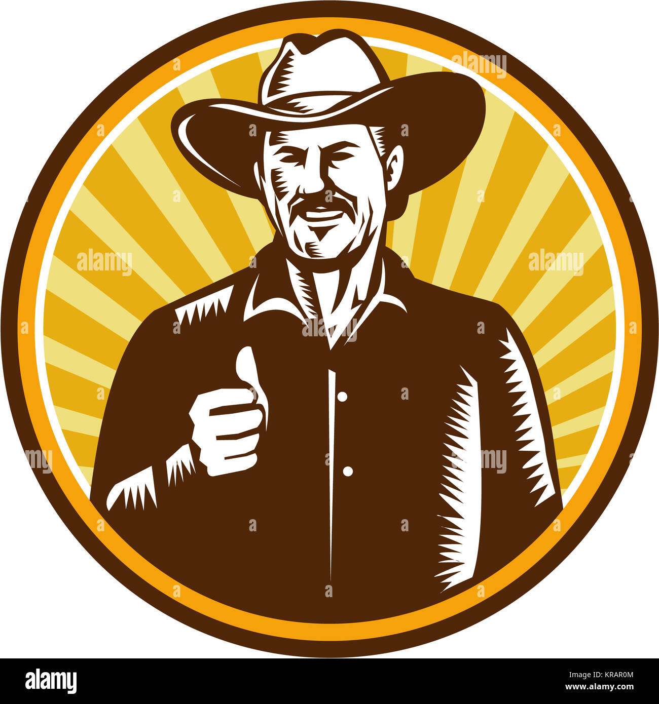 Cowboy Thumbs Up Sunburst Circle Woodcut Stock Photo - Alamy