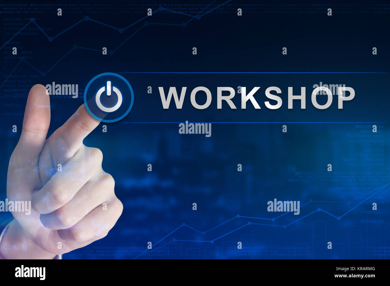 business hand clicking workshop button Stock Photo - Alamy