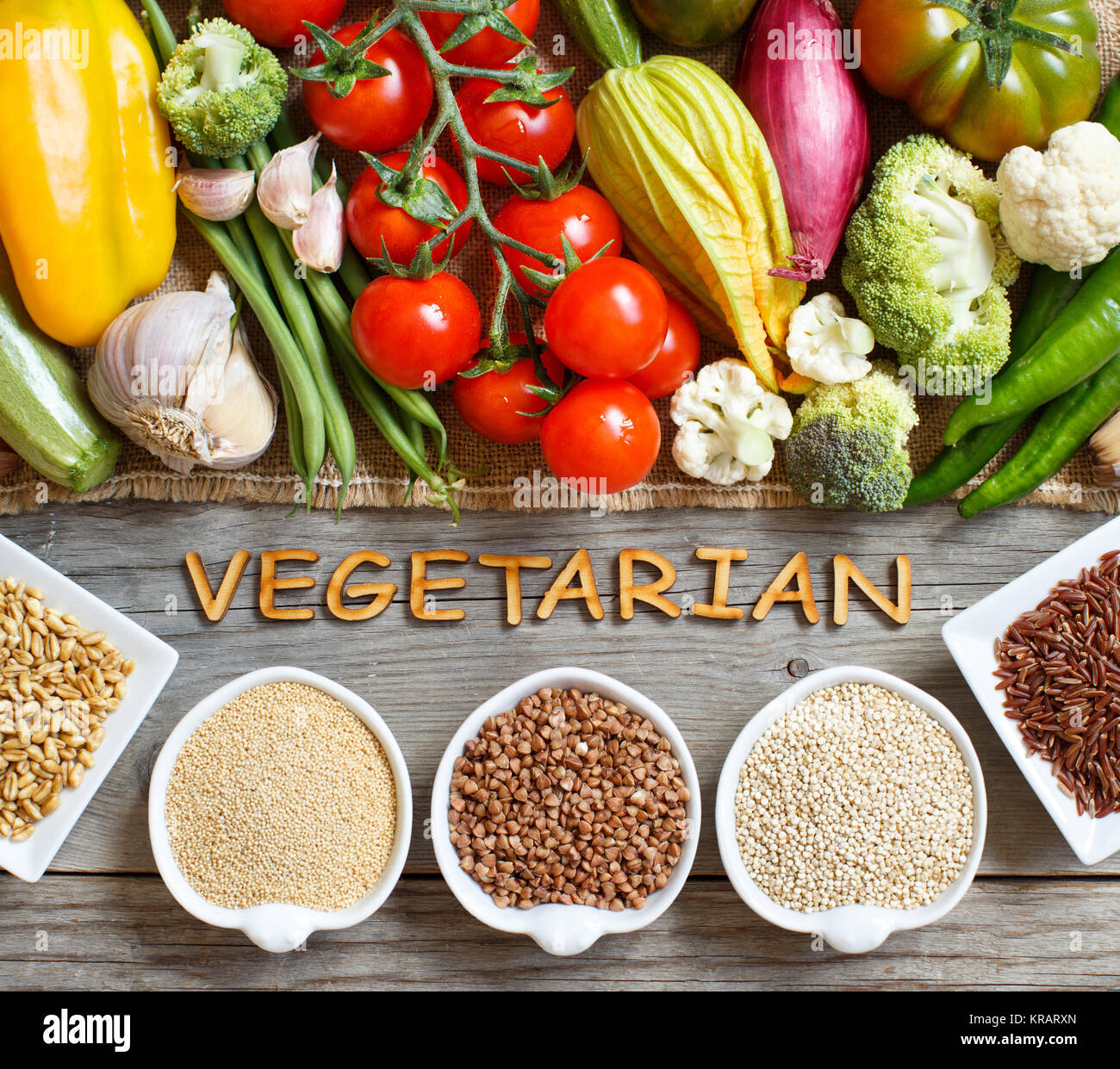 Fresh vegetables and cereals with word Vegetarian Stock Photo - Alamy