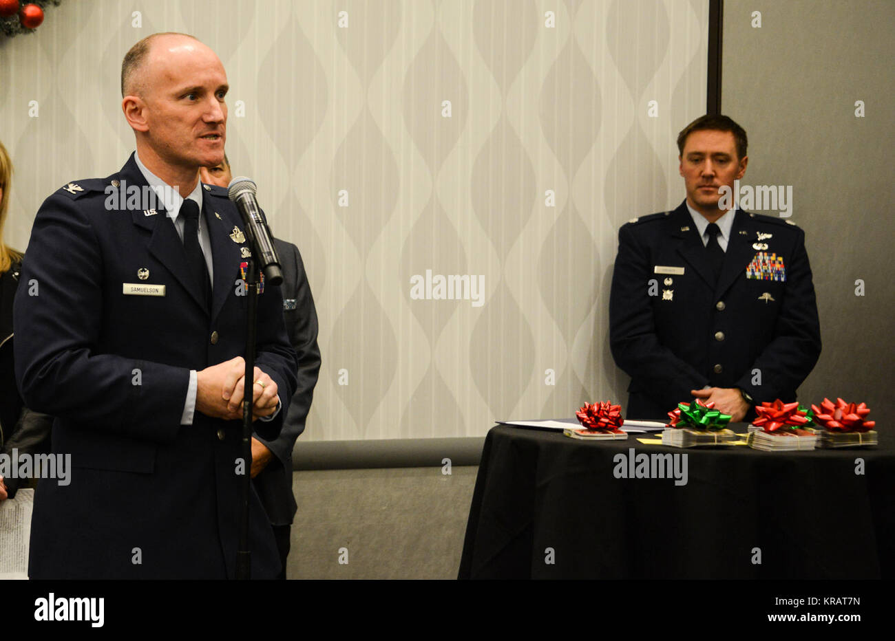 Col. Ryan Samuelson, 92nd Air Refueling Wing commander, speaks at the ...