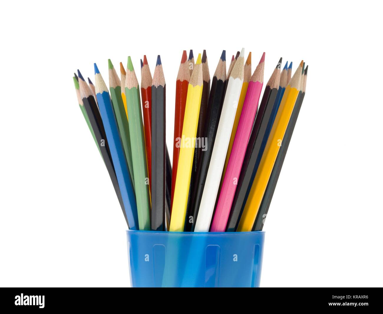 assorted colorful pencils in blue holder Stock Photo - Alamy