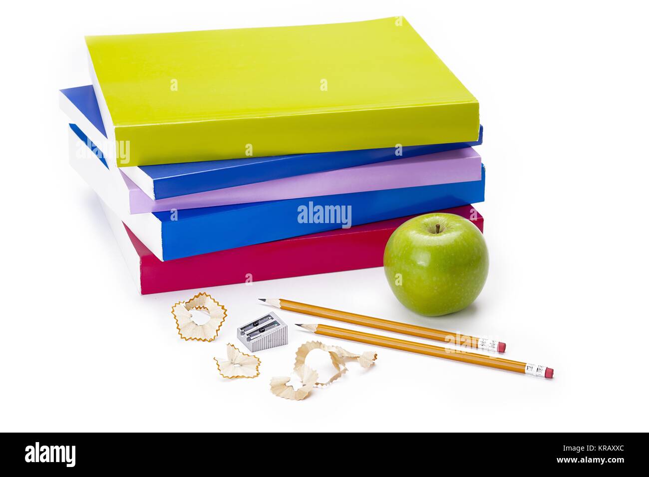 books pencils and apple on white background Stock Photo - Alamy