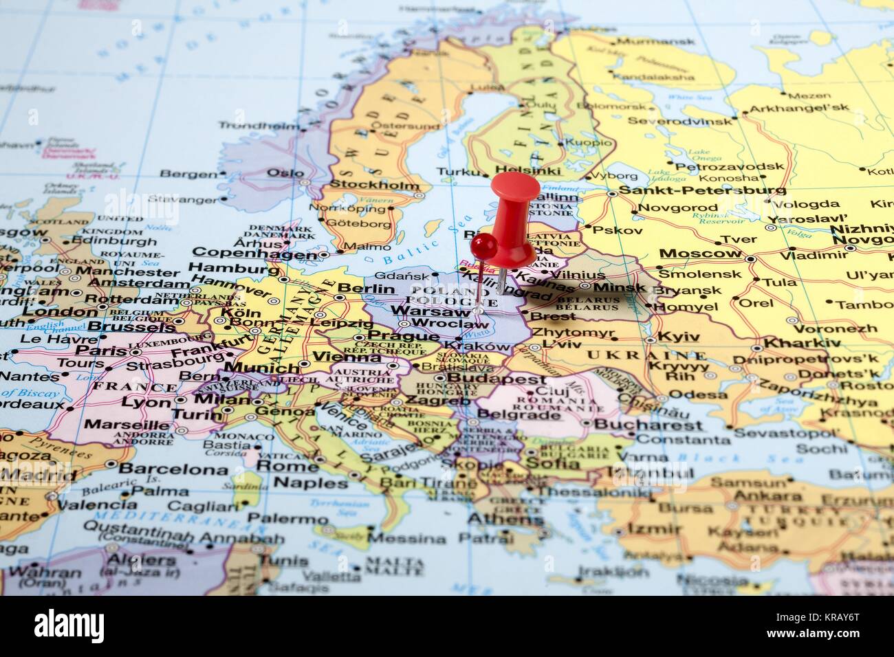 close up shot of world map with thumbtack Stock Photo - Alamy