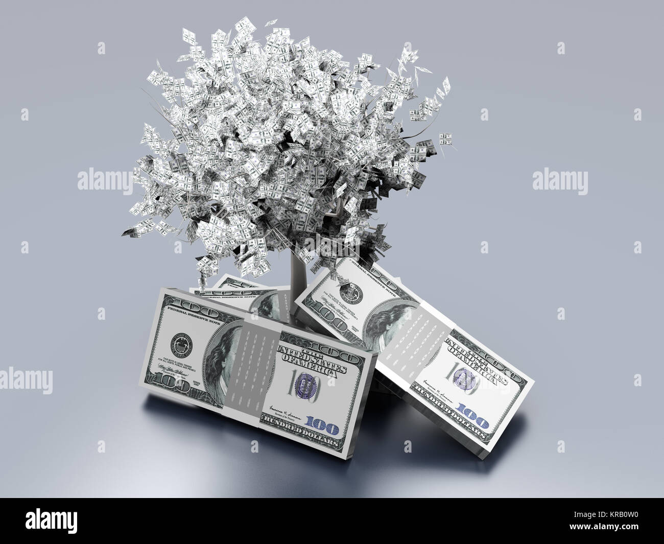 Growing Profit. Dollar notes with a money growing tree. 3D rendered ...