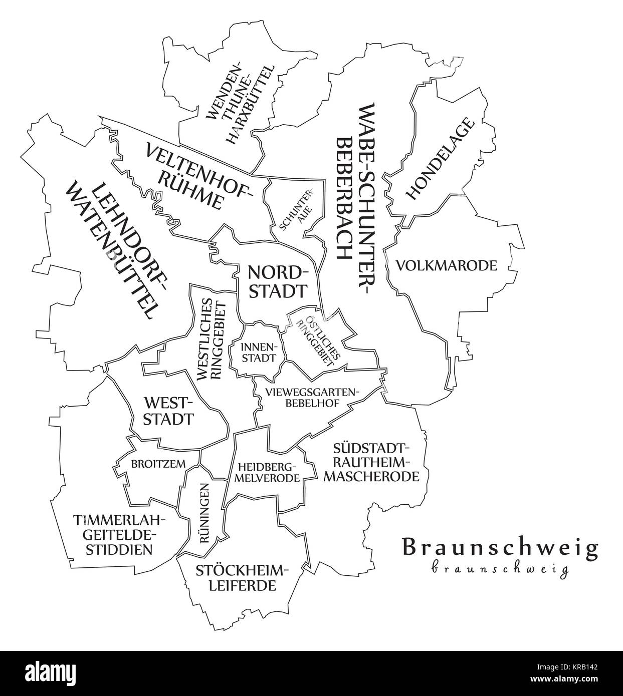 Modern City Map - Braunschweig city of Germany with boroughs and titles DE outline map Stock ...