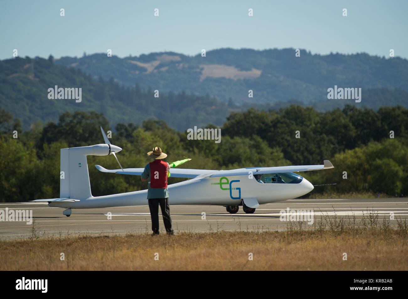 The e-Genius aircraft prepares to takeoff for the miles per gallon (MPG ...