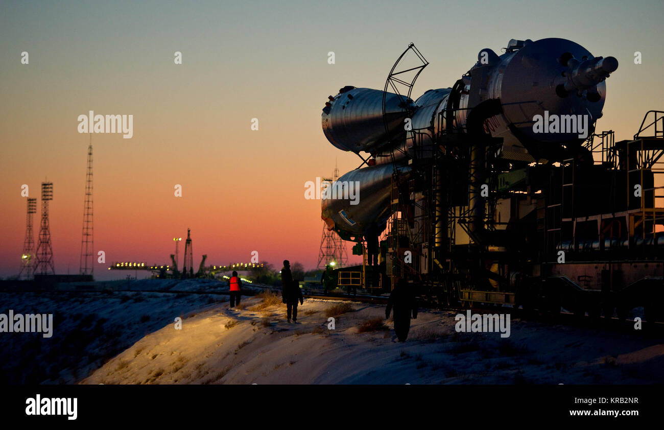 The Soyuz TMA-03M spacecraft is rolled out by train on its way to the ...