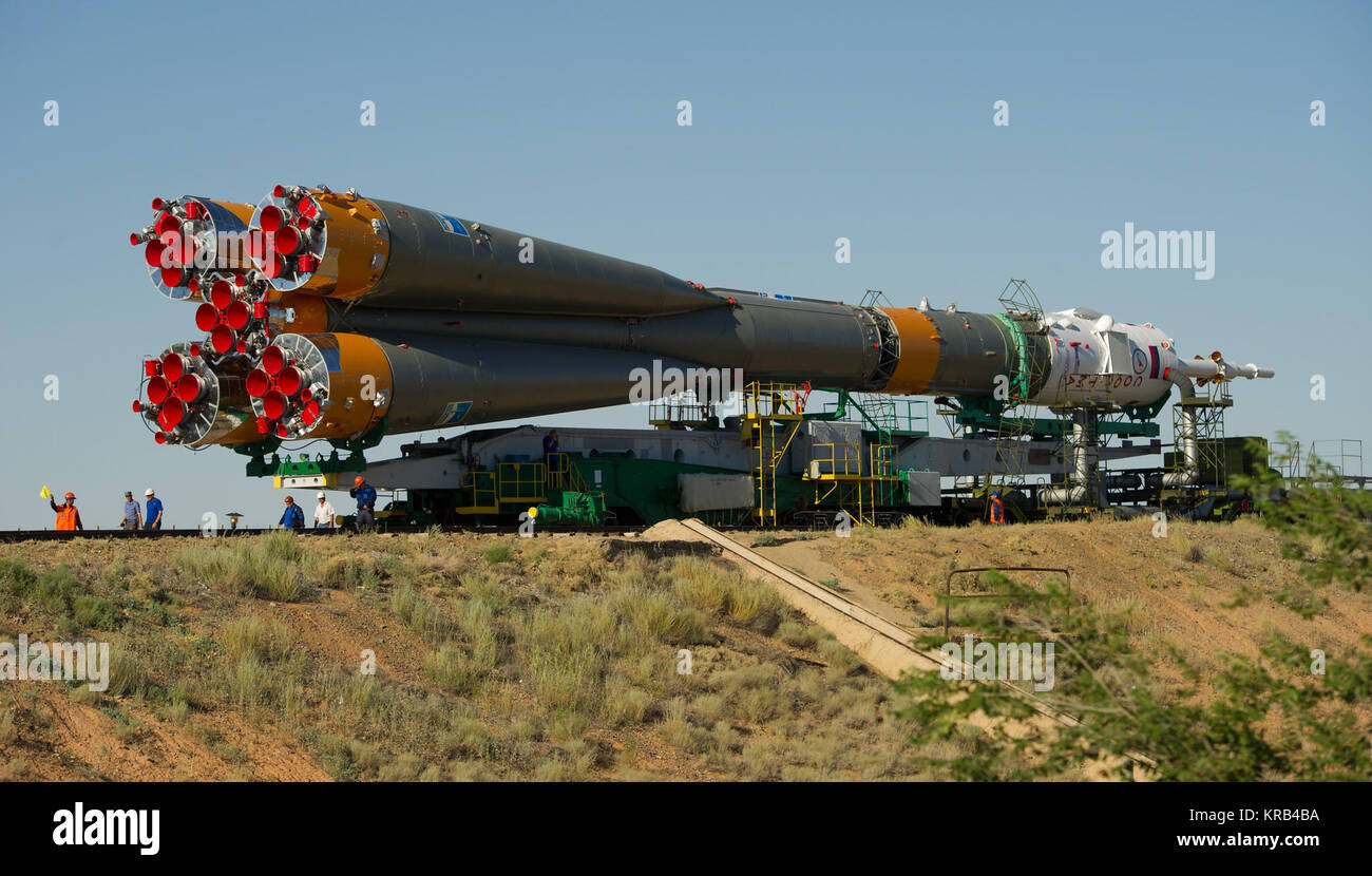 The Soyuz TMA-05M spacecraft is rolled out by train on its way to the ...