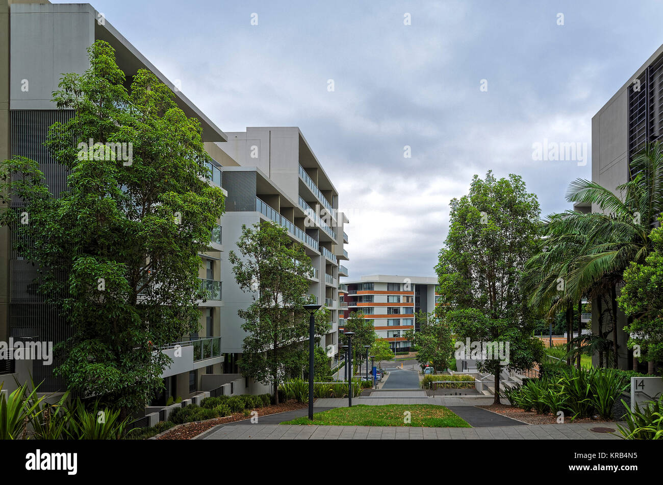 Pedestrian zone and street with modern apartment buildings at Rhodes in ...