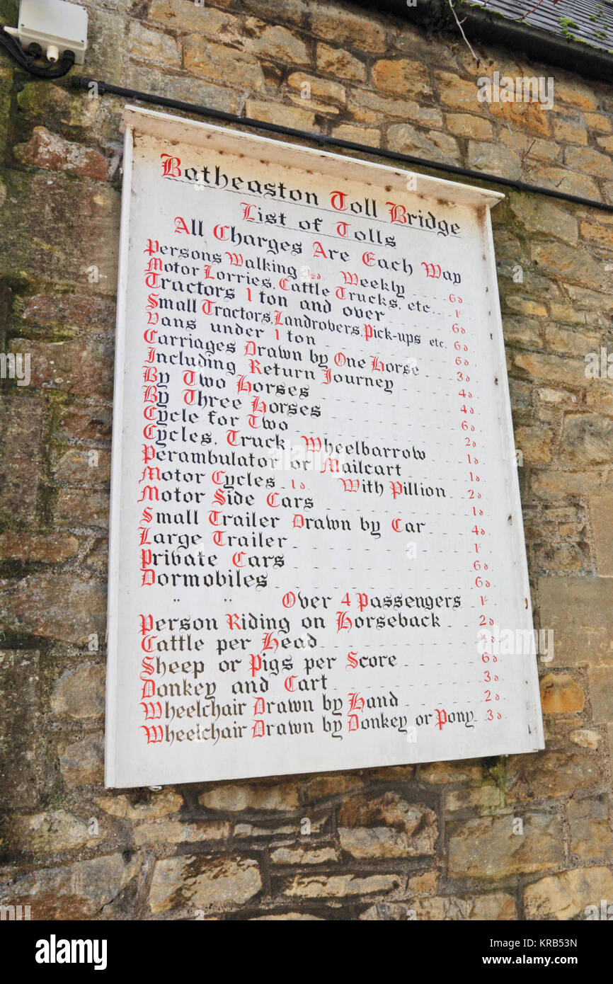 Sign showing old charges for use of Batheaston Toll Bridge over River ...