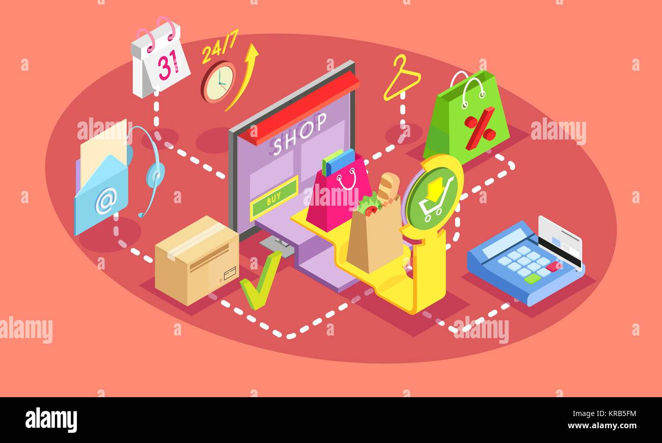 Isometric concept of online shopping. Safe shopping online with payment ...