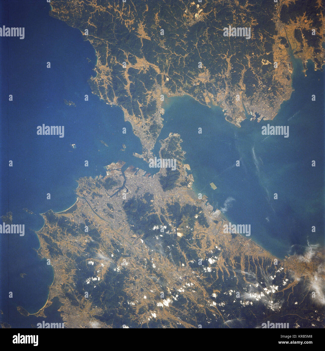 The Kanmon straits from space, with Honshu (the City of Shimonoseki) on ...