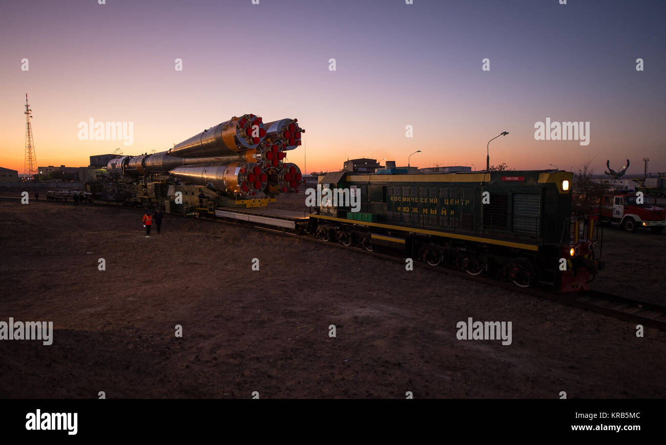 The Soyuz rocket is rolled out to the launch pad by train, on Sunday ...