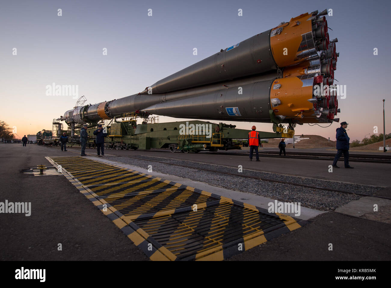 The Soyuz rocket is rolled out to the launch pad by train, on Sunday ...