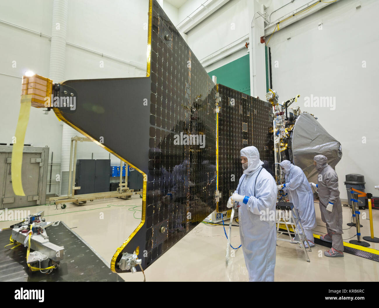 A soloar array is being installed on NASA's MAVEN spacecraft at a ...