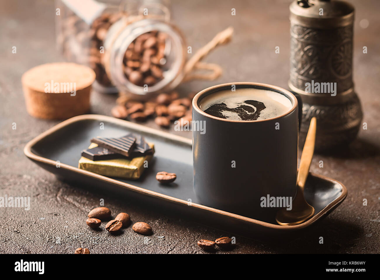 Fresh tasty black espresso cup of hot coffee with cinnamon, anise stars ...