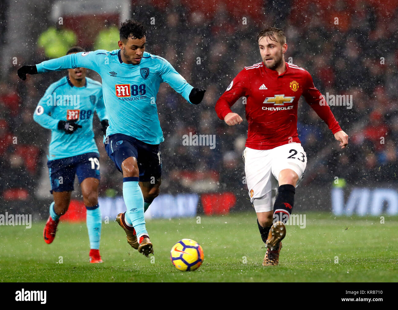 AFC Bournemouth's Joshua King (left) and Manchester United's Luke Shaw ...