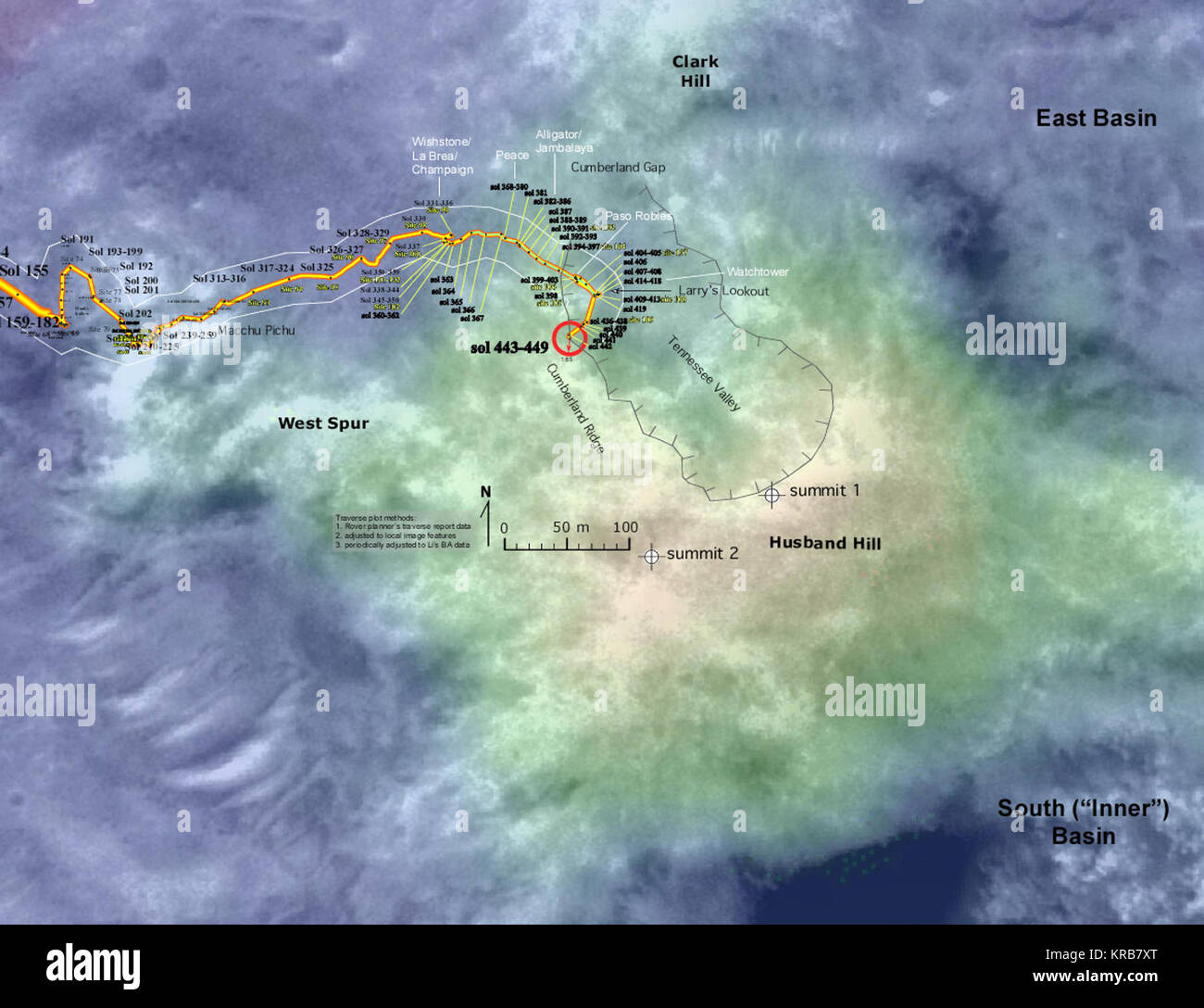 Spirit rover sol 450 traverse and elevation map (MOC-A461R1 Stock Photo ...