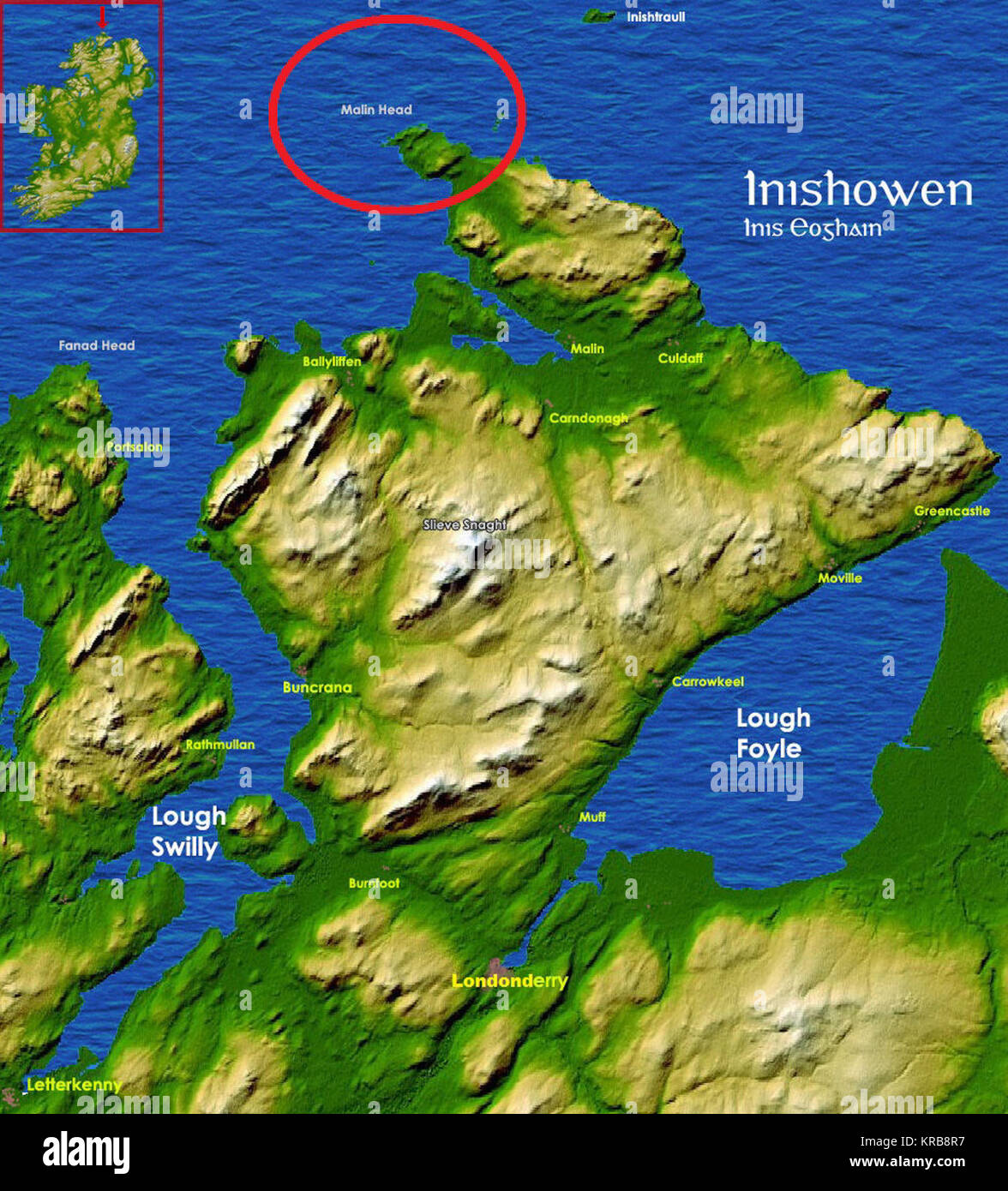 Malin Head & Inishowen satmap Stock Photo - Alamy