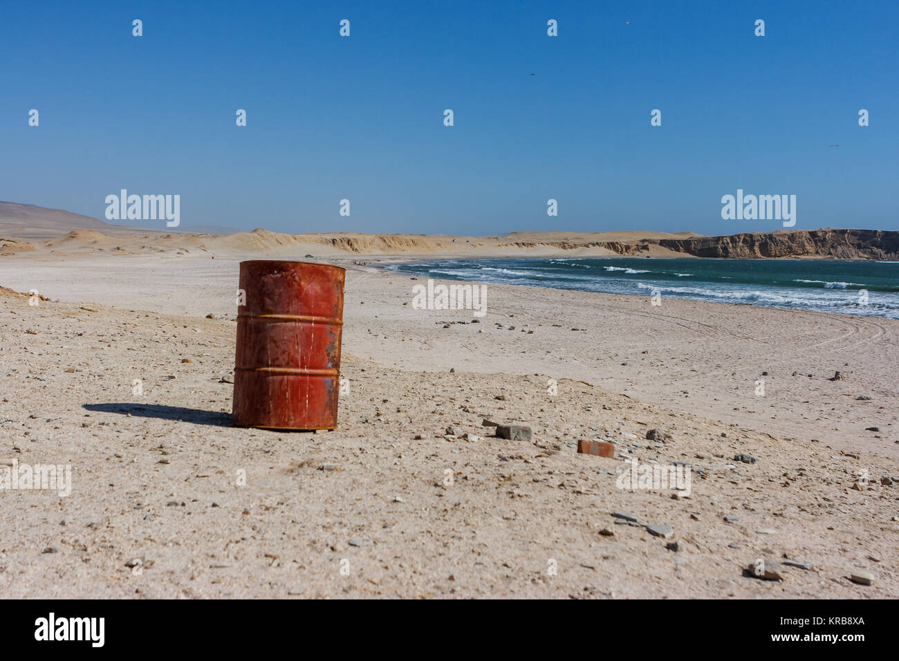 Rusty old oil barrell on the beach. Paracas, Peru Stock Photo - Alamy