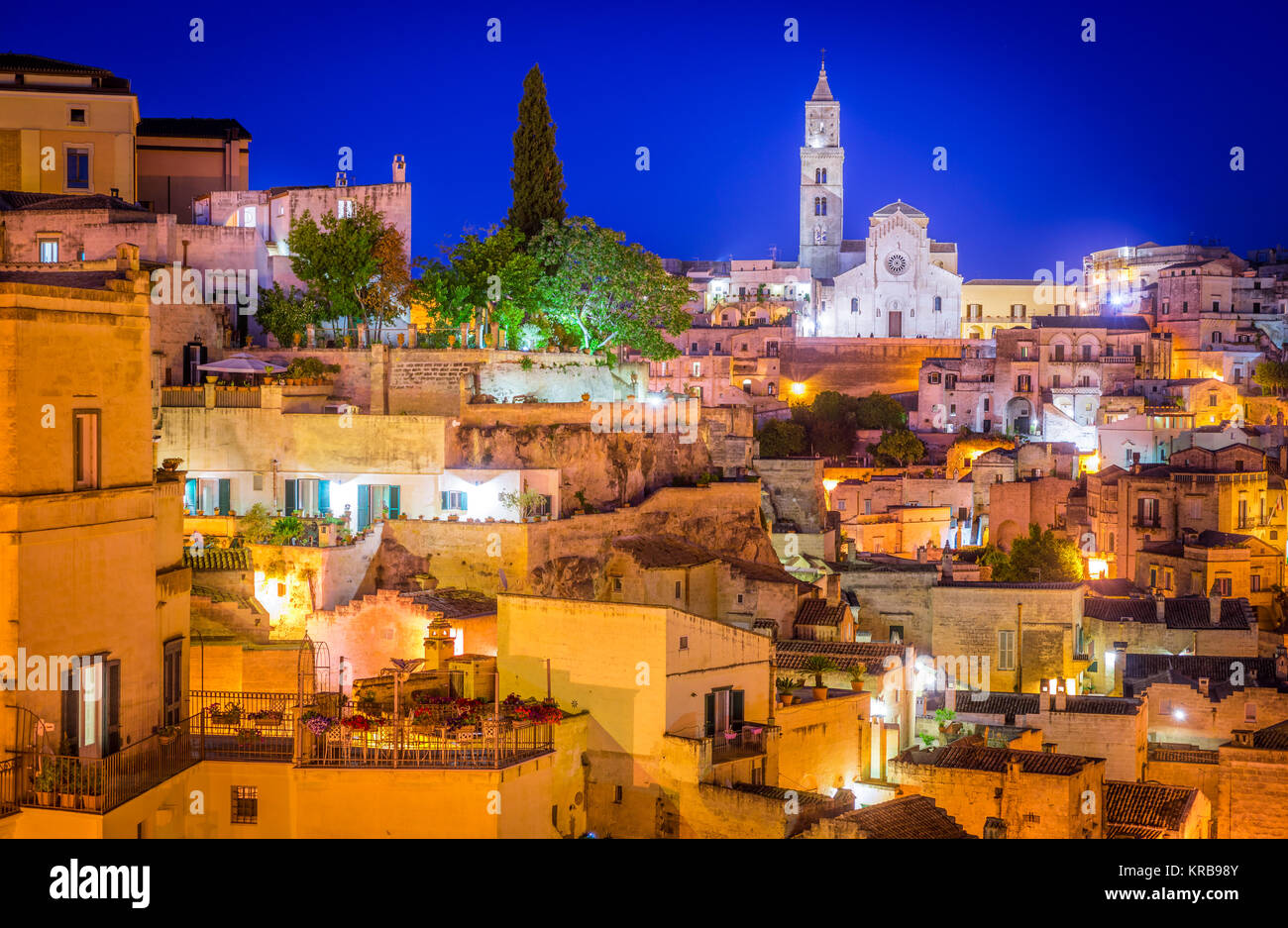 Panoramic night sight of the "Sassi" district in Matera from Belvedere ...