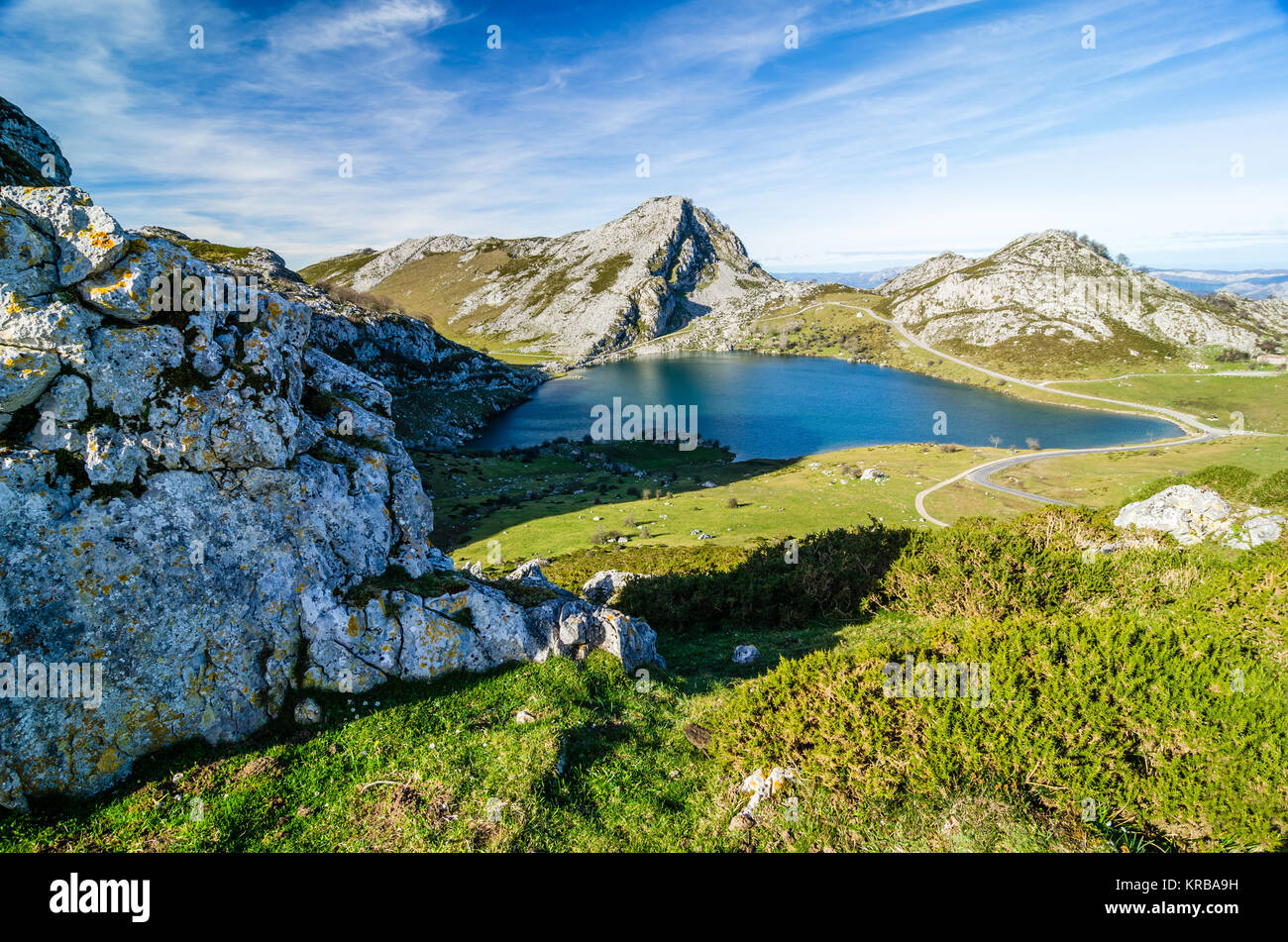Covadonga lakes, Picos de Europa. Rocks, mountains and water landscape ...