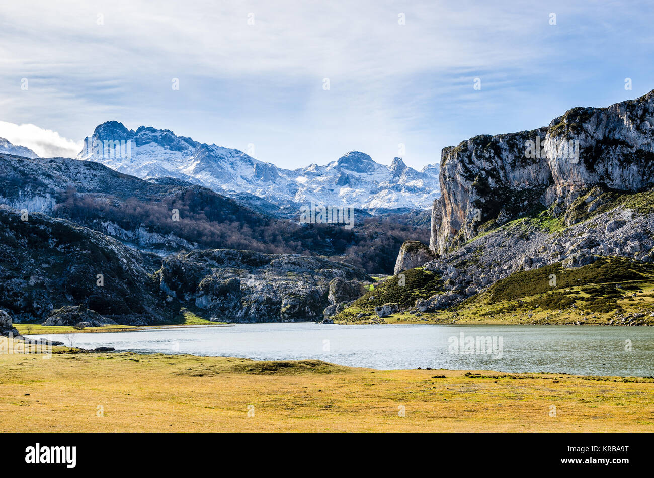 Covadonga lakes, Picos de Europa. Rocks, mountains and water landscape ...
