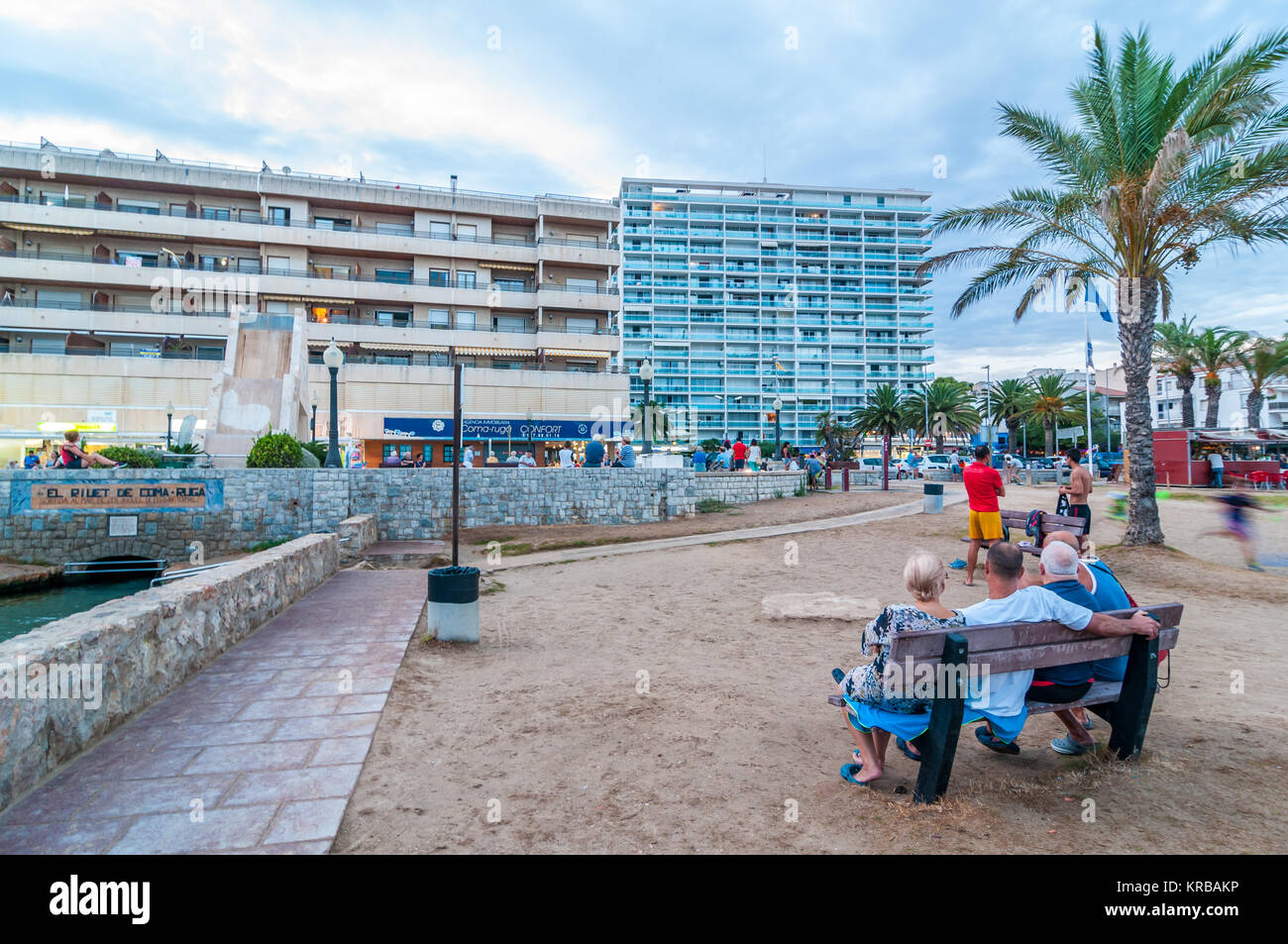 view of the touristic city of Coma-ruga with many tourist and people ...