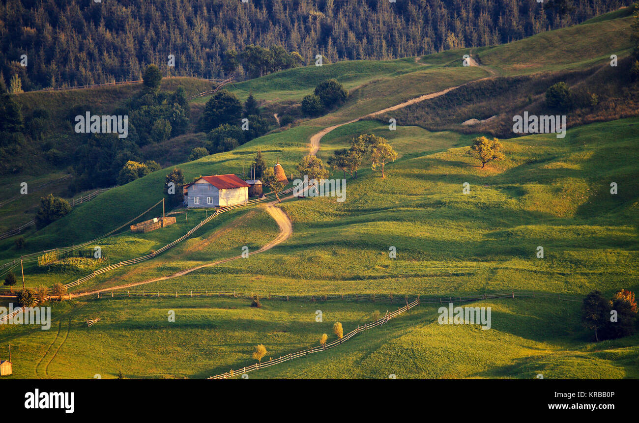 September rural scene in mountains. Authentic village and fence Stock ...