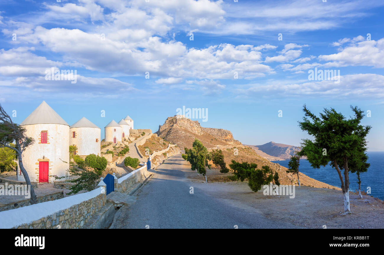 The famous windmills of Leros island, Dodecanese, Greece, early in the ...