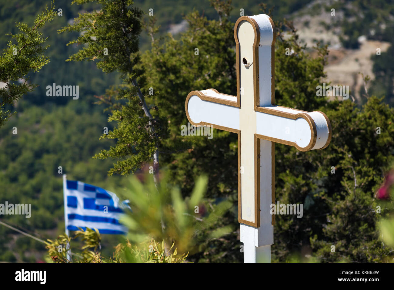 Cross and Greek flag in front of Tsambika Monastery, (RHODES, GREECE ...
