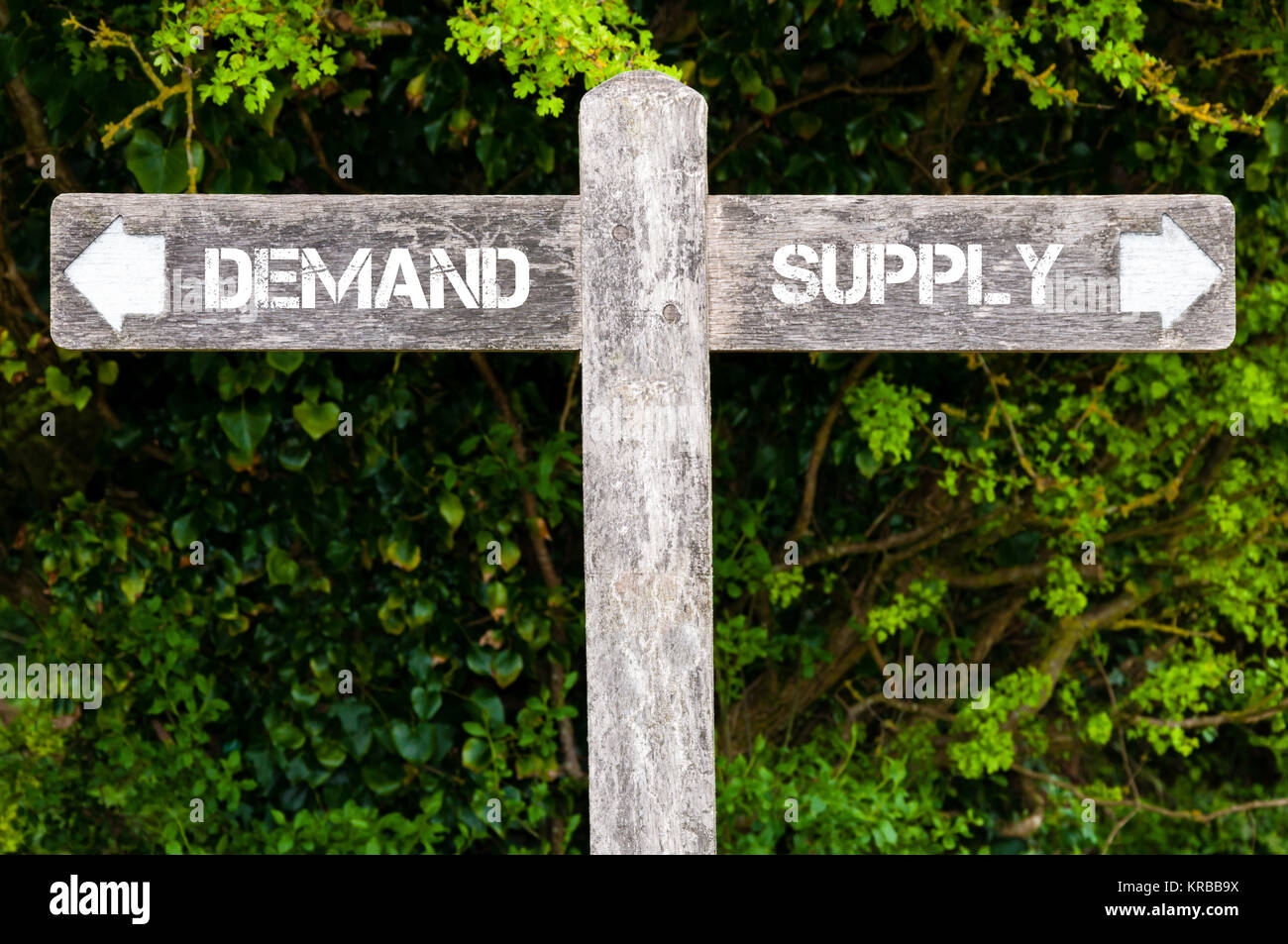 DEMAND versus SUPPLY directional signs Stock Photo - Alamy