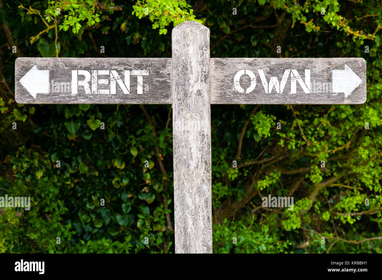 RENT versus OWN directional signs Stock Photo - Alamy