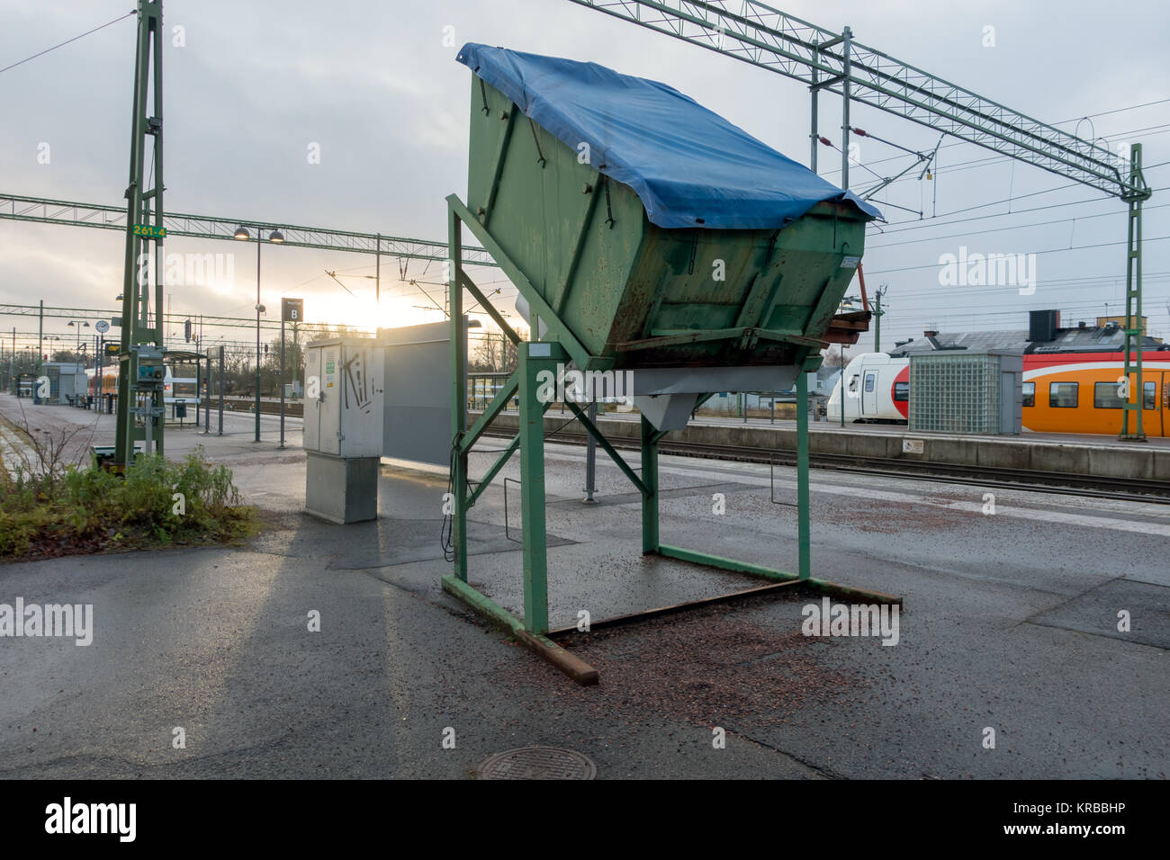 Mjolby, Sweden- November 27th, 2017: Elevated sand container for ...
