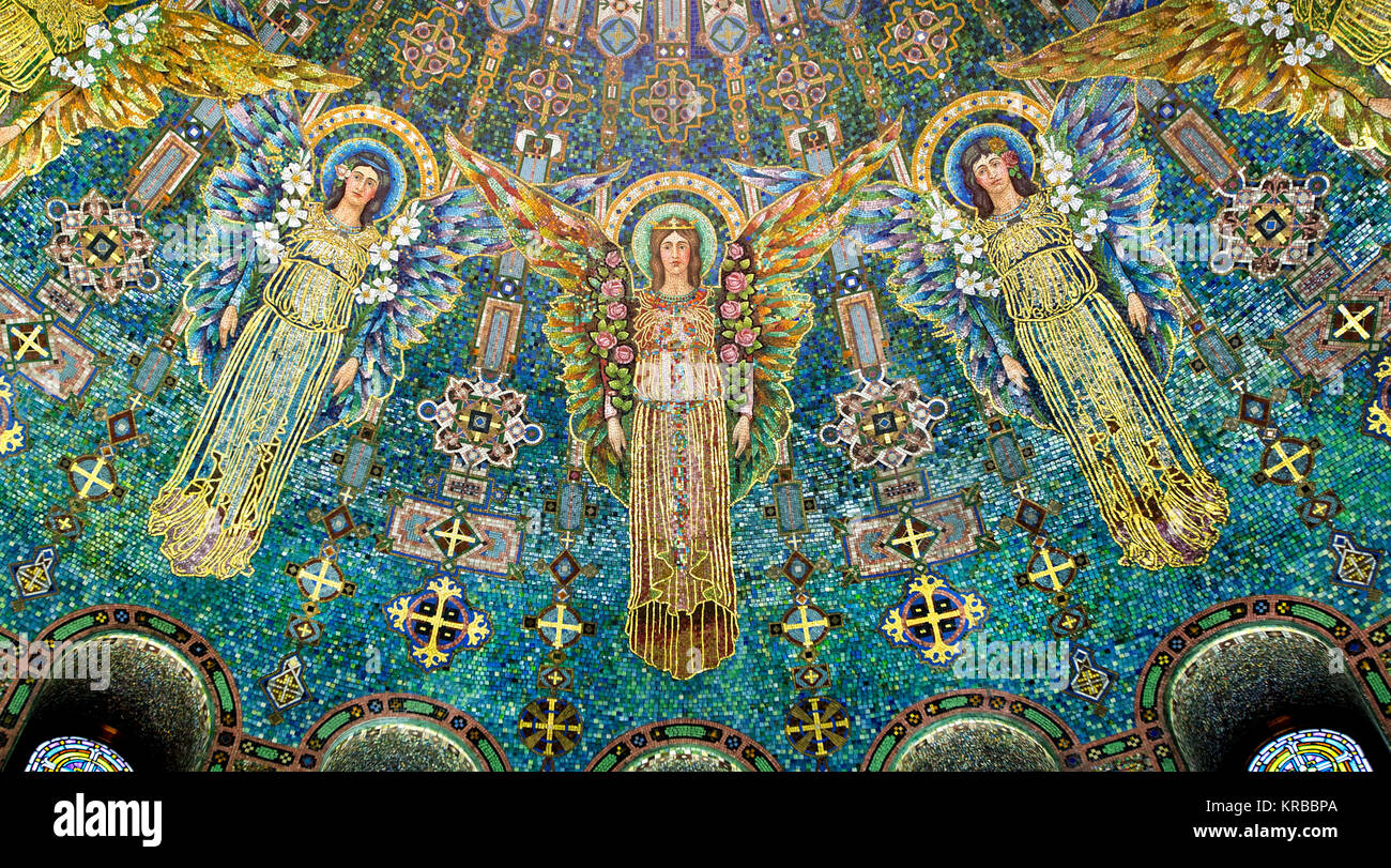 Mosaic tiles representing angels on the dome of the historic 1909 ...
