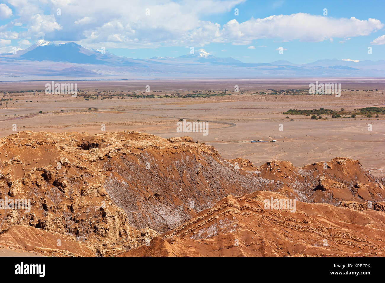 Panorama of Atacama Desert with rock formations, Andes snow tops and ...