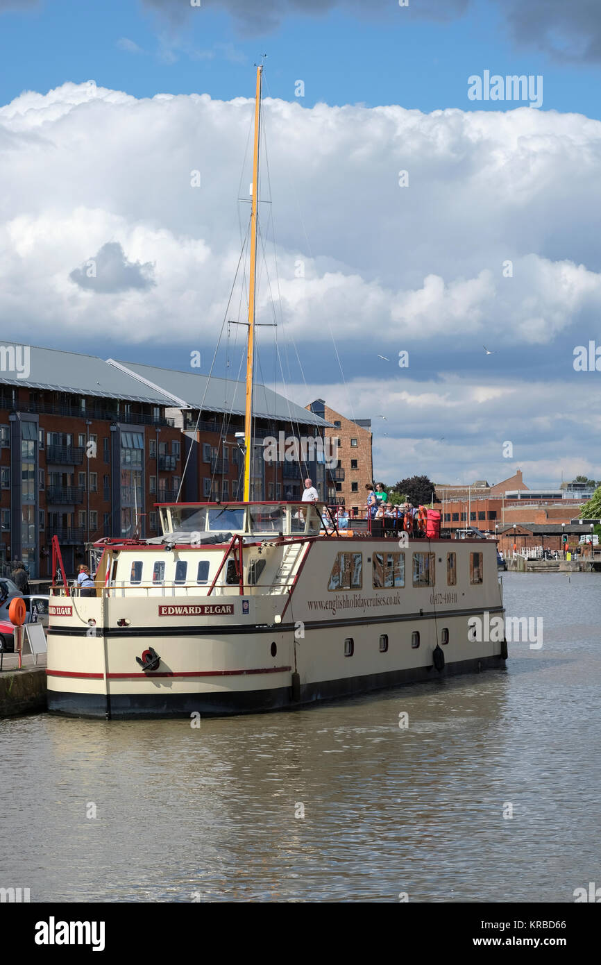 River cruise boat "Edward Elgar" preparing to depart Gloucester Docks ...