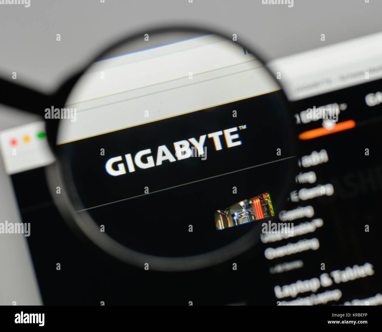 Milan, Italy - August 10, 2017: Gigabyte logo on the website homepage ...