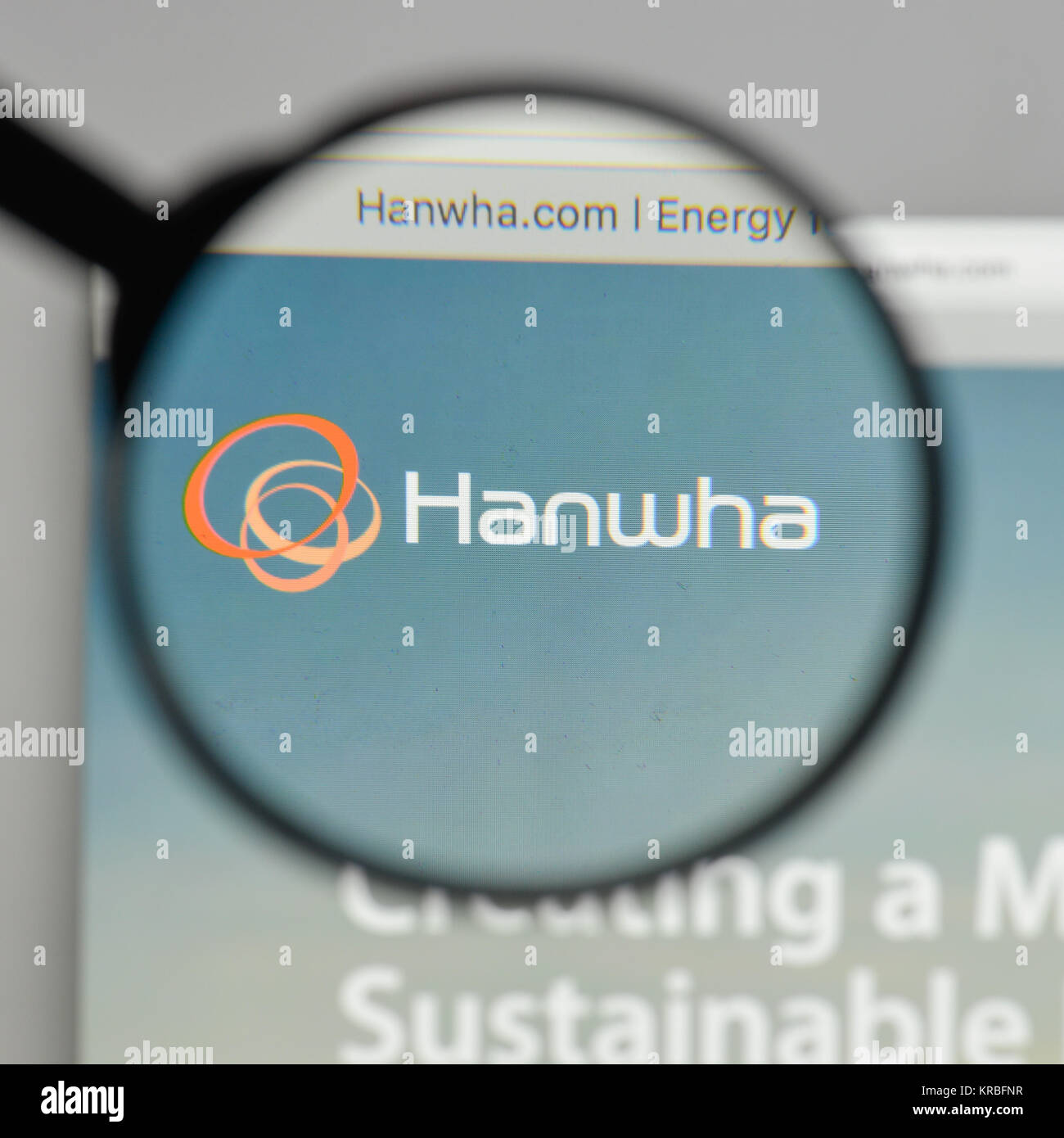 Milan, Italy - August 10, 2017: Hanwha logo on the website homepage ...